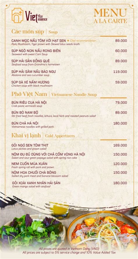 Alacarte Menu Viet Rice Essence Restaurant