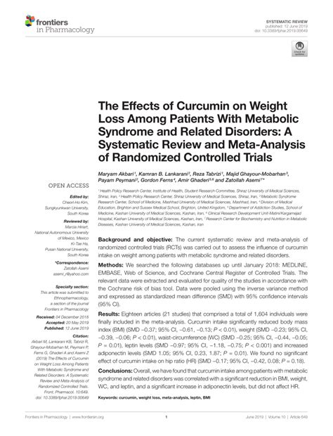 Pdf The Effects Of Curcumin On Weight Loss Among Patients With Metabolic Syndrome And Related