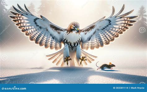 A Red Tailed Hawk About To Catch A Fleeing Mouse In Winter Ai Generated