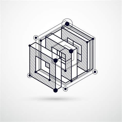 선과 모양 추상적인 벡터 아이소메트릭 3d 흑백 배경 엔진 또는 엔지니어링 메커니즘의 추상 체계입니다 큐브 육각형 정사각형 직사각형 및 다양한 요소의 레이아웃