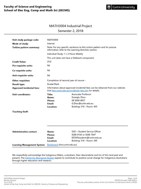 Math3004 Industrial Project Semester 2 2018 Bentley Campus Int Pdf