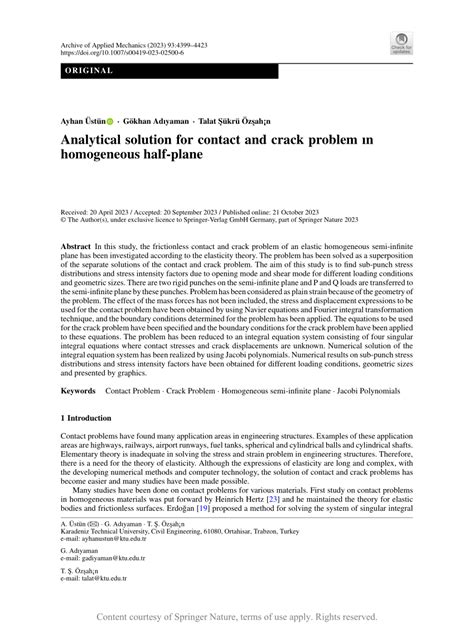 Analytical Solution For Contact And Crack Problem ın Homogeneous Half Plane