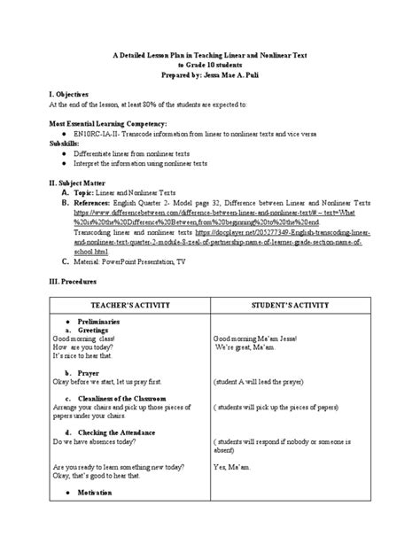 a detailed lesson plan in teaching linear and nonlinear text download