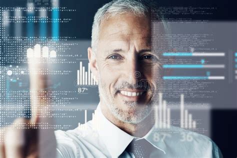 happy businessman and touch with overlay for futuristic interaction