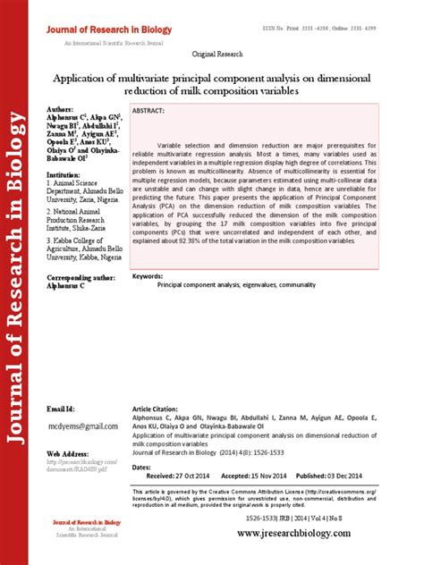 Pdf Application Of Multivariate Principal Component Analysis On Dimensional Reduction Of Milk