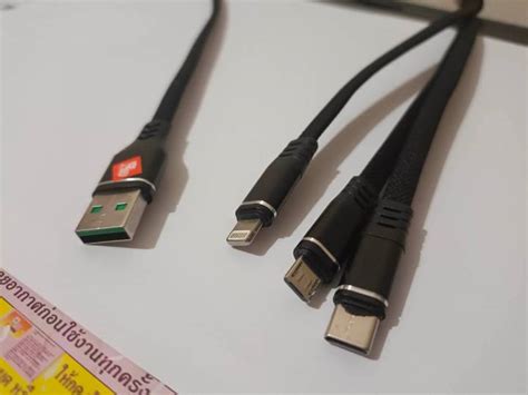สาย Usb แบบแบนถัก มีไฟ To 3in1 Cable Usb A To Type C Lightning Micro ขนาด 1 เมตร สีเทา