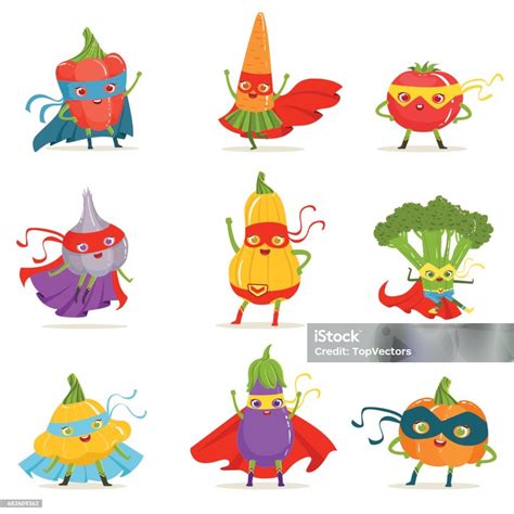 의상에 귀여운 유치한 만화 인간화 캐릭터의 마스크와 케이프 세트에 슈퍼 히어로 야채 0명에 대한 스톡 벡터 아트 및 기타 이미지 0명 고추류 과일 Istock