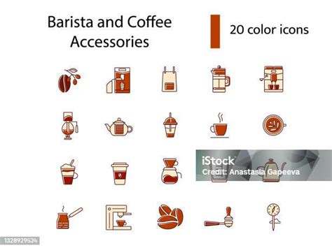 전문 바리스타 액세서리 플랫 아이콘 세트 커피 제조 기기 격리된 벡터 스톡 일러스트레이션 개념에 대한 스톡 벡터 아트 및 기타 이미지 Istock