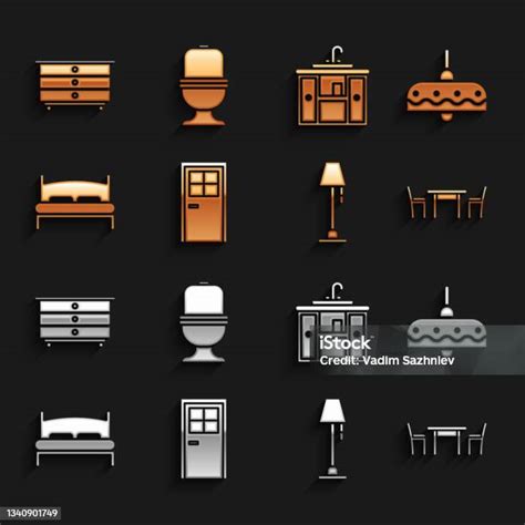 닫힌 문 샹들리에 의자가있는 나무 테이블 바닥 램프 큰 침대 워시 바신 캐비닛 탭 서랍장 및 화장실 그릇 아이콘 벡터 가구에 대한 스톡 벡터 아트 및 기타 이미지 Istock