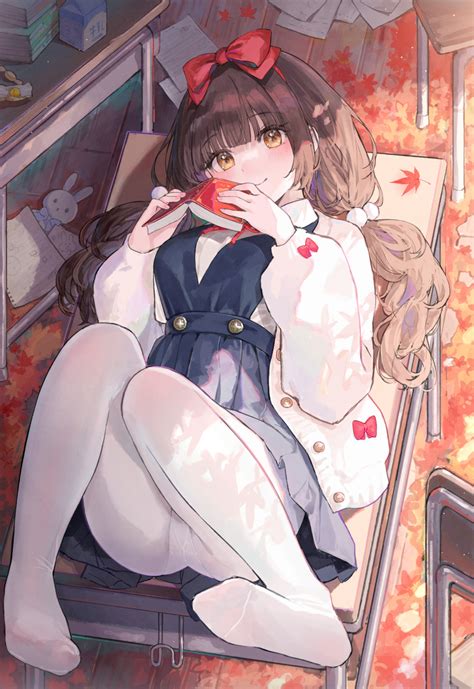 Arl Original Highres 1girl Blue Dress Blush Book Bow Bow