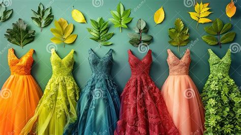 Colorful Dresses With Leaf Designs For Sustainable Fashion Event Stock