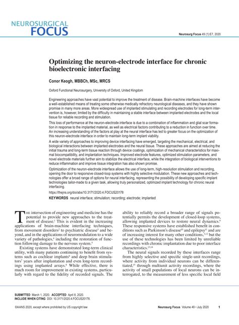 Pdf Optimizing The Neuron Electrode Interface For Chronic