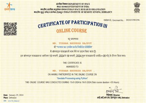 completed geodata processing course by isro tushar rajput posted on