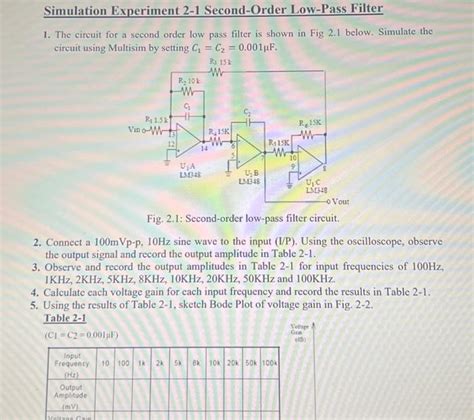 solved 1 the circuit for a second order low pass filter is
