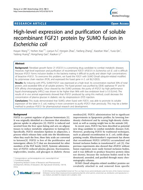 Pdf High Level Expression And Purification Of Soluble Recombinant Fgf21 Protein By Sumo Fusion
