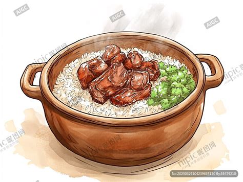 Ai创作图瓦煲 卤肉饭 插画 美食 米饭 卤肉 豌豆 煲仔饭 餐食 手绘 食物 美味 主食 卡通 烹饪 昵图网