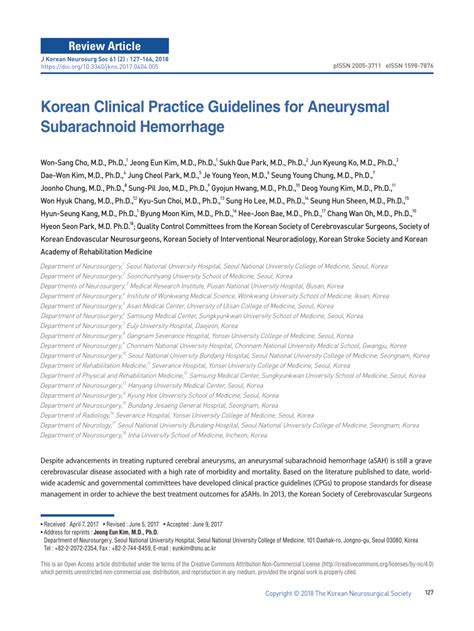 Pdf Korean Clinical Practice Guidelines For Aneurysmal Subarachnoid Hemorrhage