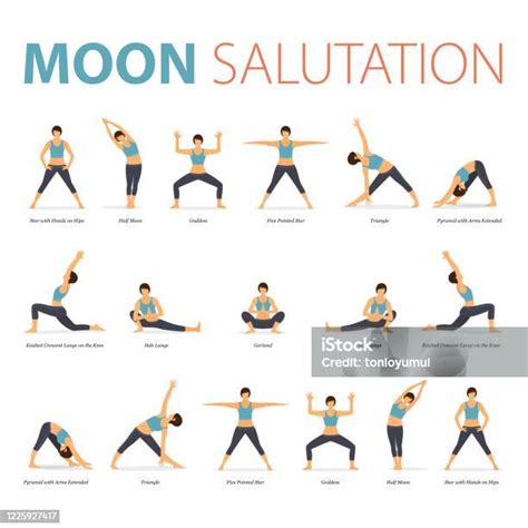 평평한 디자인의 요가 달 인사말의 개념에서 집에서 요가 포즈 요가의 인포 그래픽 몸 스트레칭을 위해 운동하는 여성 요가 자세 또는 아사나 인포 그래픽의 집합입니다 요가 벡터
