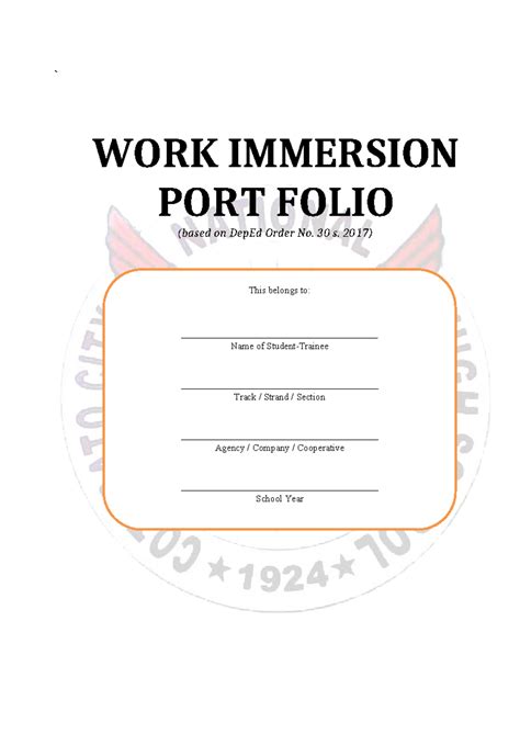 Humss Portfolio Immersion Paper ` Work Immersion Port Folio Based On Deped Order No 30 S