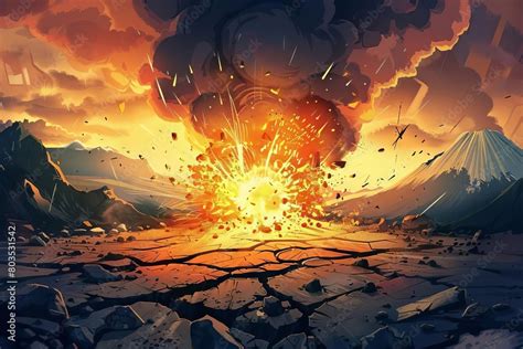 Exploding Volcano And Cracked Earth Natural Disaster Concept
