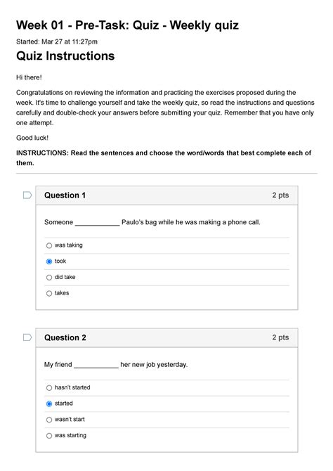 Quiz Week Pre Task Quiz Weekly Quizzz Week Pre Task Quiz Weekly Quiz Started