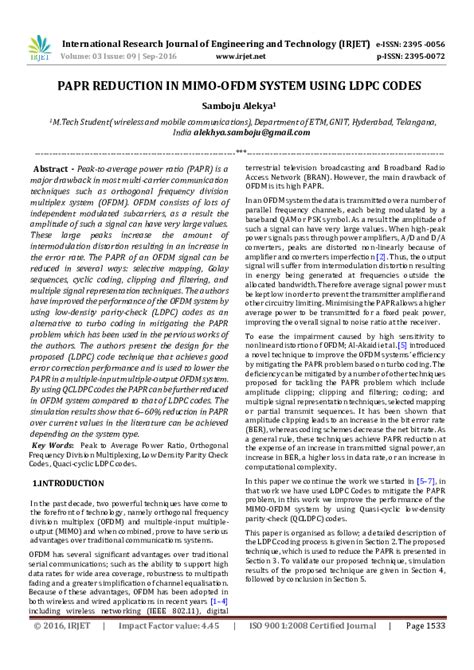 Pdf Papr Reduction In Mimo Ofdm System Using Ldpc Codes