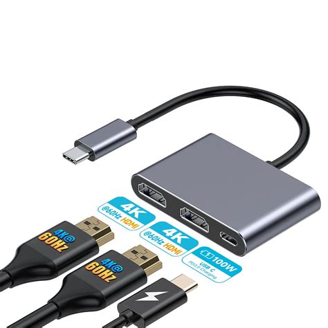 4k 30hz Type C Hub Multiport Adapter Converter Usb C Hub Hdr 3 In 1 Type C To Dual Hdr Pd 100w