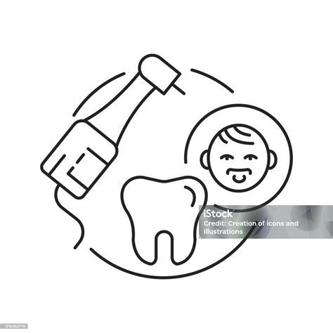 소아 치과 블랙 라인 아이콘입니다 어린이의 치아를 확인하고 치료하십시오 웹 페이지 모바일 앱 프로모션에 대한 픽토그램 Ui Ux Gui 디자인 요소입니다 0명에 대한 스톡
