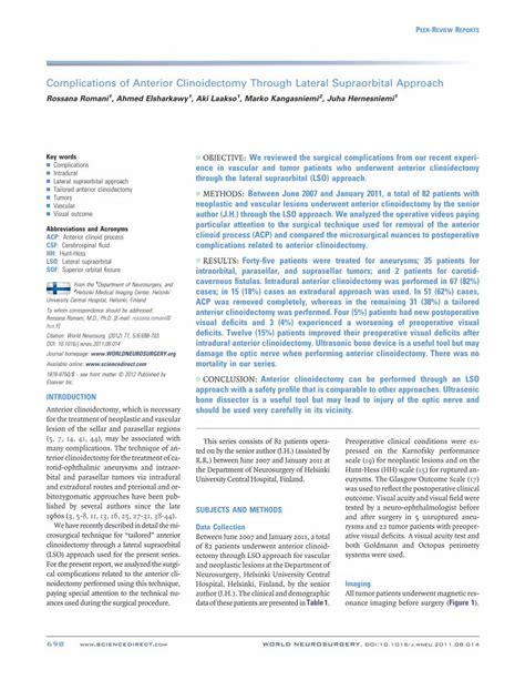 Pdf Complications Of Anterior Clinoidectomy Through Lateral