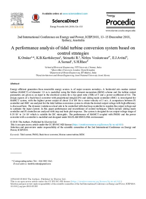 Pdf A Performance Analysis Of Tidal Turbine Conversion System Based