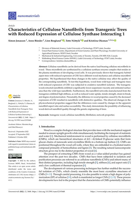 Pdf Characteristics Of Cellulose Nanofibrils From Transgenic Trees
