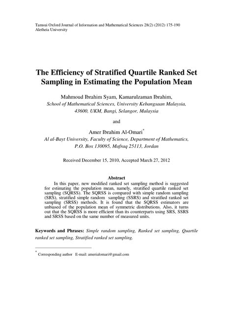 Pdf The Efficiency Of Stratified Quartile Ranked Set Sampling In Estimating The Population Mean