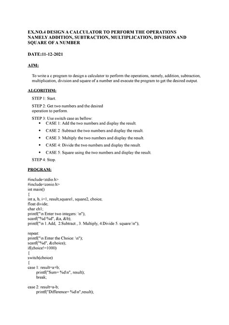 Lab Exercise Exercise Problems For Week EX NO DESIGN A CALCULATOR TO PERFORM THE