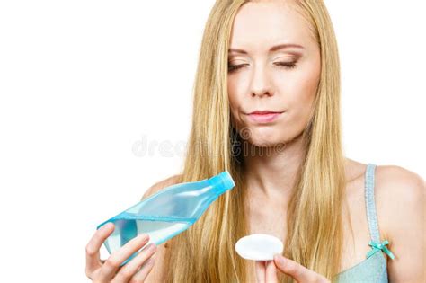 Woman Using Cleanser Cosmetic Stock Image Image Of Skincare Toner