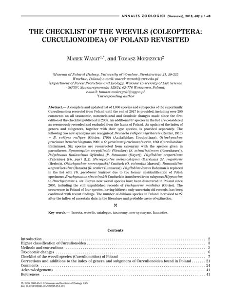 Pdf The Checklist Of The Weevils Coleoptera Curculionoidea Of