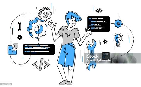 Programmer Is Coding And Repairing Some Machine System Vector Outline Illustration Computer