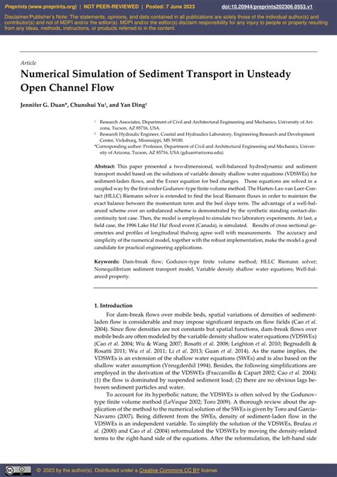 PDF Numerical Simulation Of Sediment Transport In Unsteady Open Channel Flow