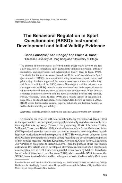 Pdf The Behavioral Regulation In Sport Questionnaire Brsq Instrument Development And