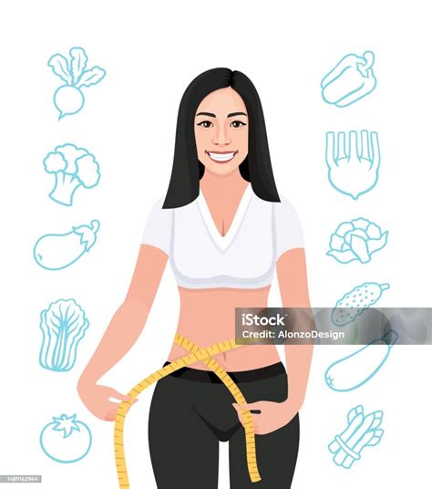 허리를 측정하는 젊은 아시아 여성에게 적합합니다 센티미터를 가진 행복한 아시아 여자 가냘픈에 대한 스톡 벡터 아트 및 기타 이미지 가냘픈 건강관리와 의술 건강한 생활