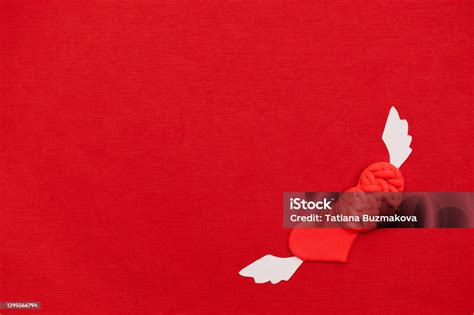 빨간색 배경에 흰색 천사 날개가있는 두 개의 빨간 질감의 하트 발렌타인 데이 배경 평평한 평지 복사 공간 상단 보기 0명에 대한 스톡 사진 및 기타 이미지 Istock