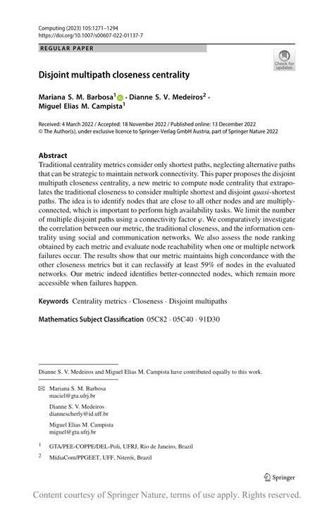 Disjoint Multipath Closeness Centrality Request Pdf