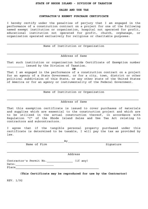 Contractors Exempt Purchase Certificate 1992 Printable Pdf Download