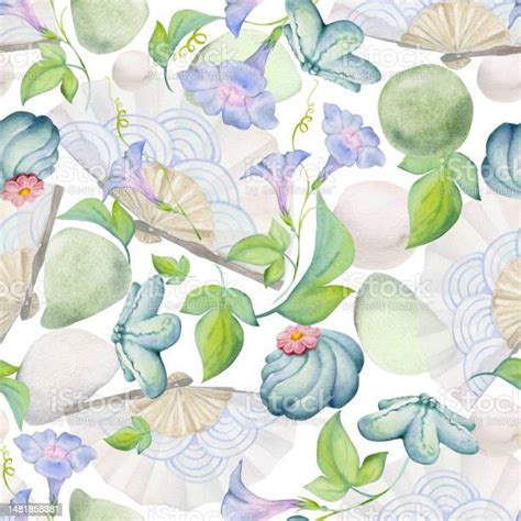 손으로 그린 일본 전통 과자가 있는 수채화 매끄러운 패턴 와가시 떡 여름 꽃 흰색 배경에 격리 초대장 레스토랑 메뉴 인사말 카드 인쇄 섬유 0명에 대한 스톡 벡터 아트 및