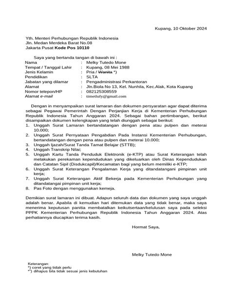 Surat Lamaran Pppk 2024 Timet Pdf