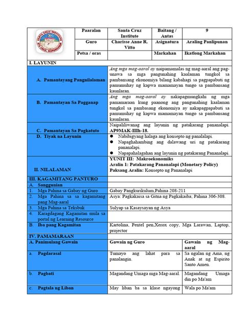 Lesson Plan Konsepto Ng Pananalapi Pdf