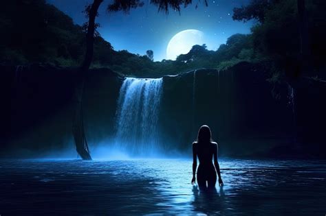 Premium Photo Waterfall Bathed In The Soft Glow Of Moonlight