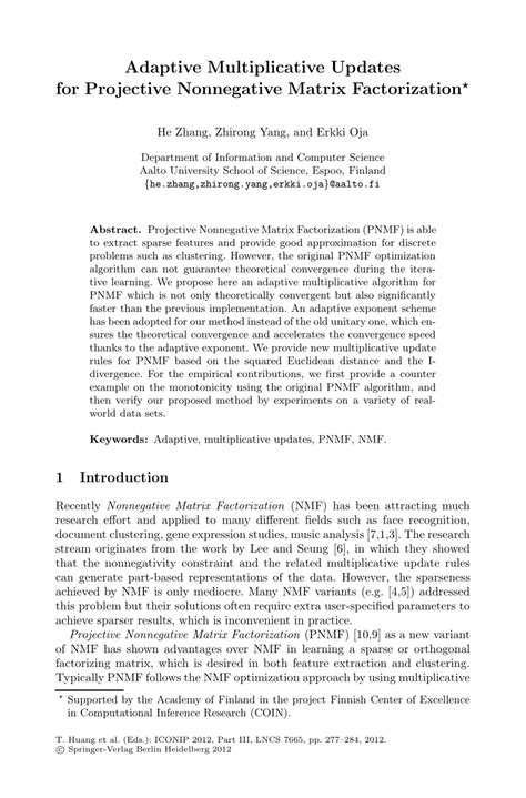Pdf Adaptive Multiplicative Updates For Projective Nonnegative Matrix
