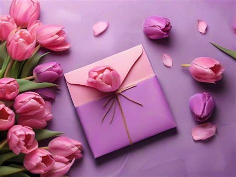 Premium Photo Top View Emty Card Mockup With Pink Tulips Flowers In Violet Paper Wrapper
