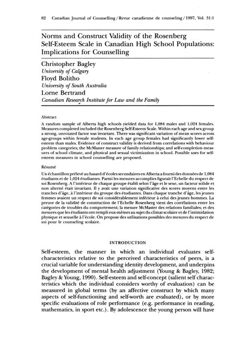 Pdf Norms And Construct Validity Of The Rosenberg Self Esteem Scale In Canadian High School