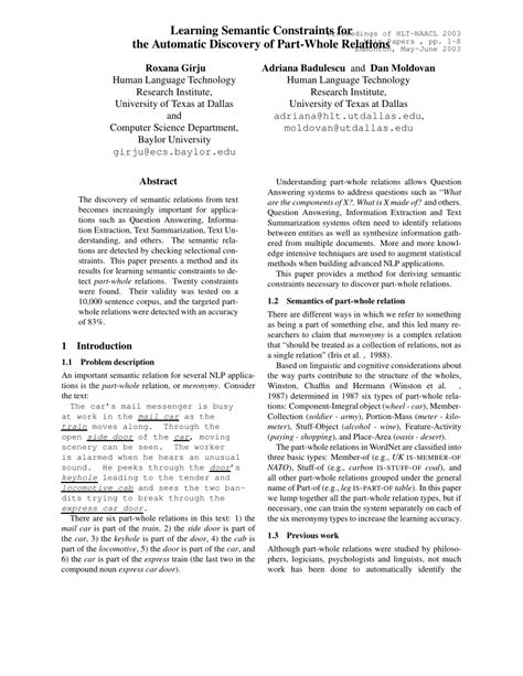 Pdf Learning Semantic Constraints For The Automatic Discovery Of Part Whole Relations